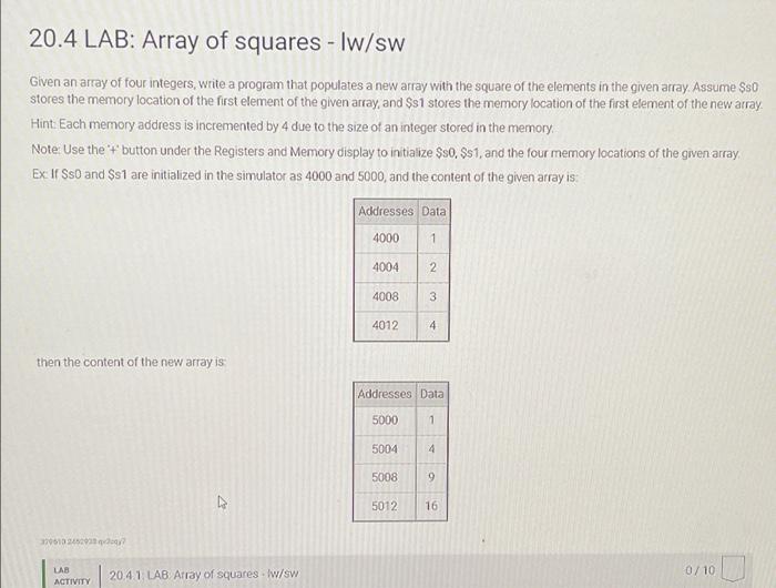Solved 20.4 LAB: Array of squares - Iw/sw Ganool for write a | Chegg.com