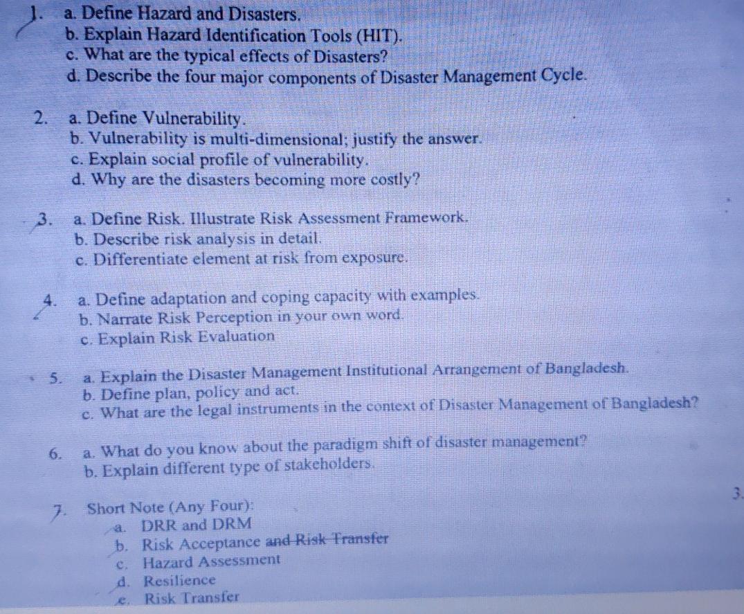 Solved a. Define Hazard and Disasters. b. Explain Hazard | Chegg.com