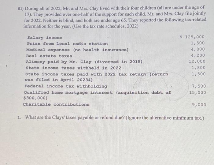 Solved 61) During all of 2022, Mr. and Mrs. Clay lived with | Chegg.com
