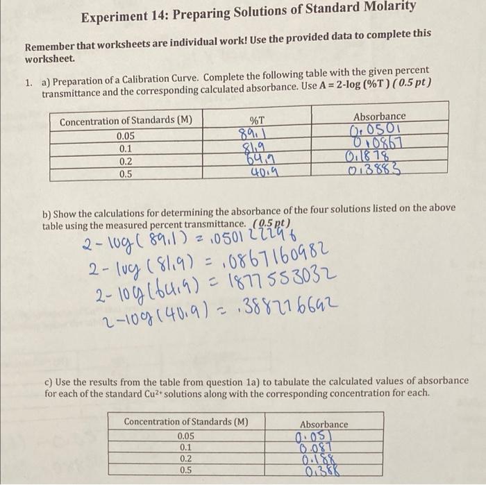 Solved Experiment 14: Preparing Solutions of Standard | Chegg.com