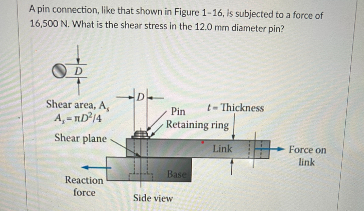 Solved A pin connection, like that shown in Figure 1-16, ﻿is | Chegg.com