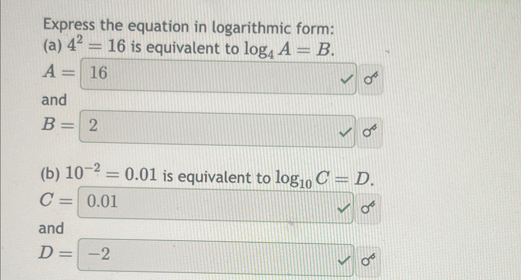 Solved Express the equation in logarithmic form:(a) 42=16 | Chegg.com