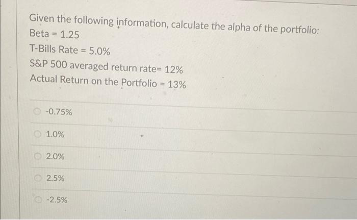 Solved Given the following information, calculate the alpha | Chegg.com