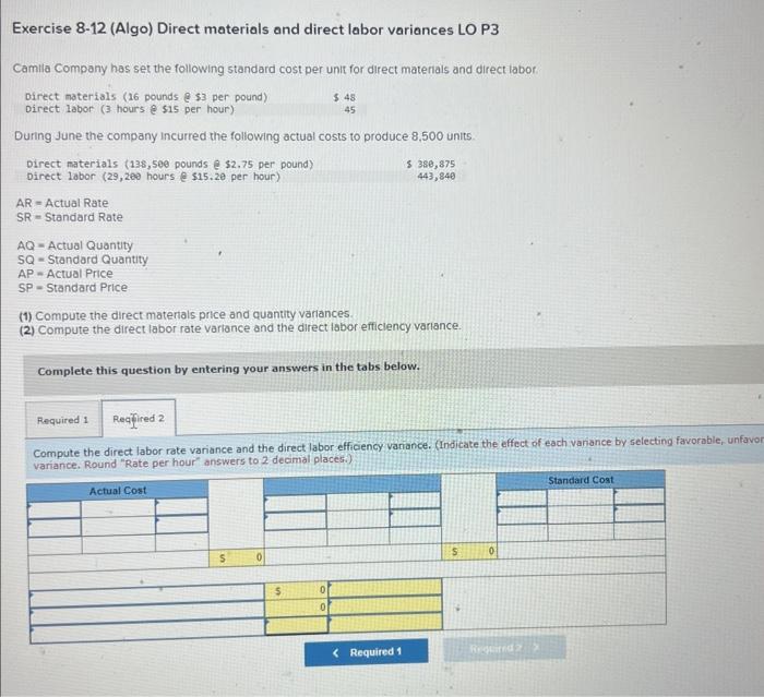 Solved Exercise 8-12 (Algo) Direct materials and direct | Chegg.com