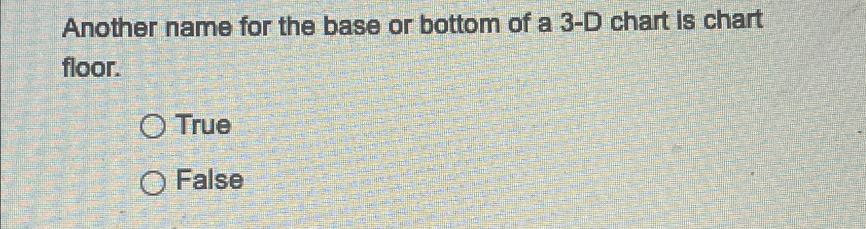 Solved Another name for the base or bottom of a 3-D chart is | Chegg.com