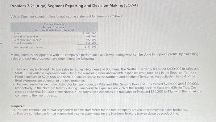 Solved Problem 7-21 (Algo) Segment Reporting and | Chegg.com