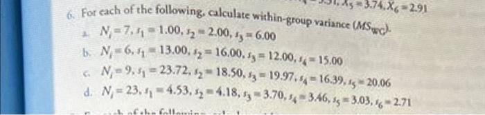 Solved 6. For cach of the following, calculate within-group | Chegg.com