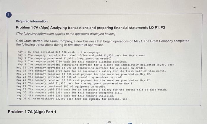 Solved Required information Problem 1-7A (Algo) Analyzing | Chegg.com