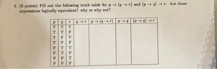 Solved 4. (6 points) Fill out the following truth table for | Chegg.com