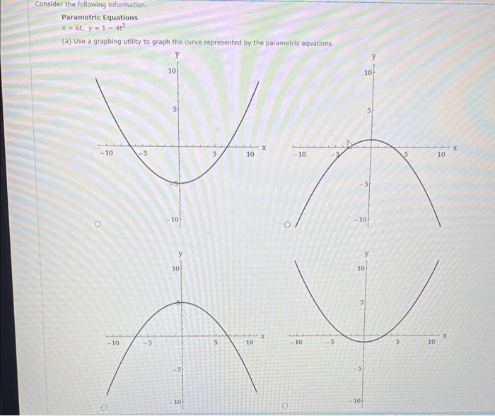 Solved x=6t,y=1−4t2 (a) Use a graphing utility to graph the | Chegg.com