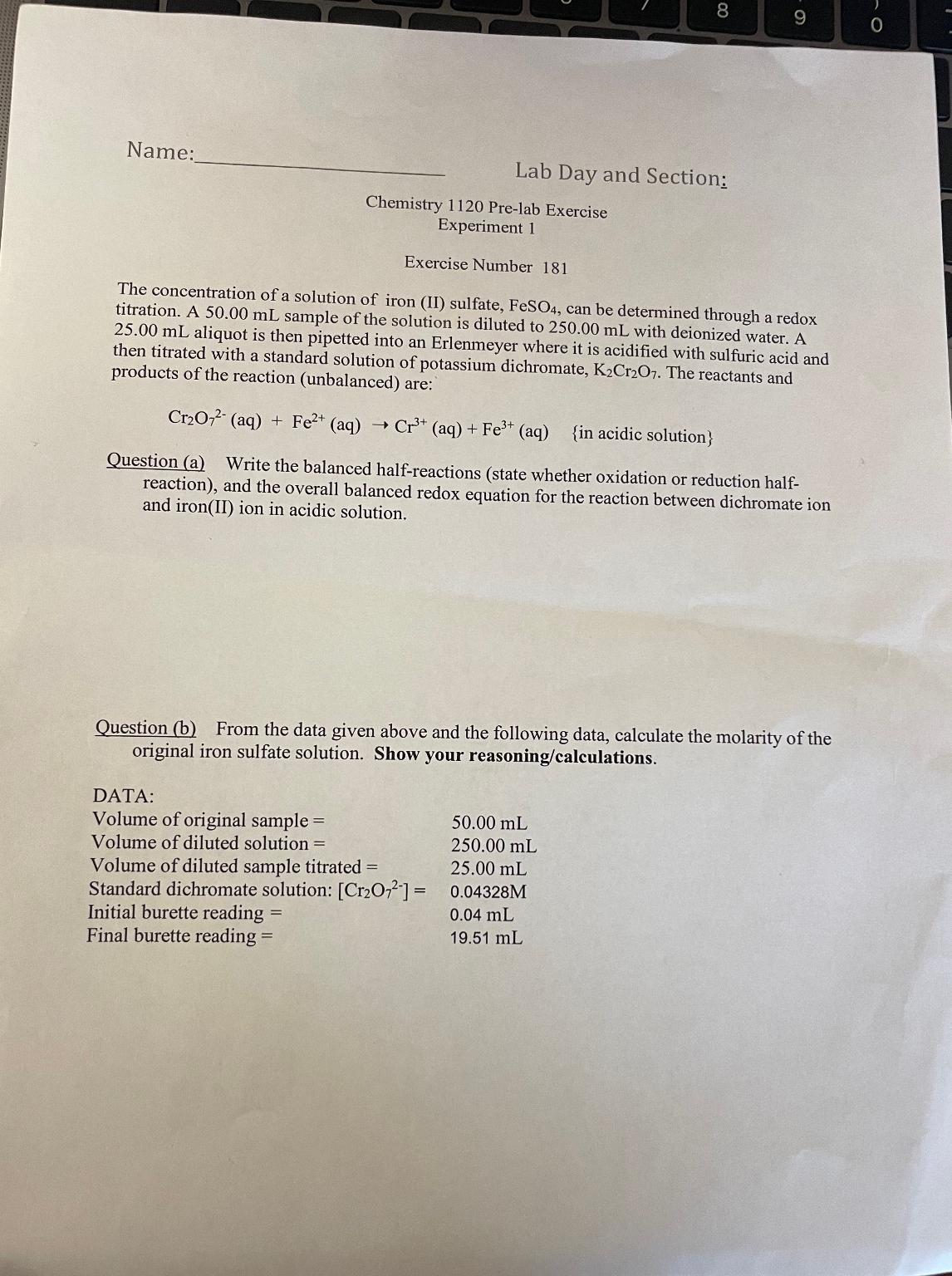 Solved Name:Lab Day and Section:Chemistry 1120 ﻿Pre-lab | Chegg.com
