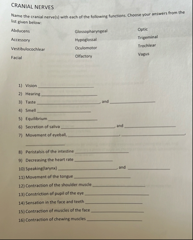 Solved CRANIAL NERVESName the cranial nerve(s) ﻿with each of | Chegg.com