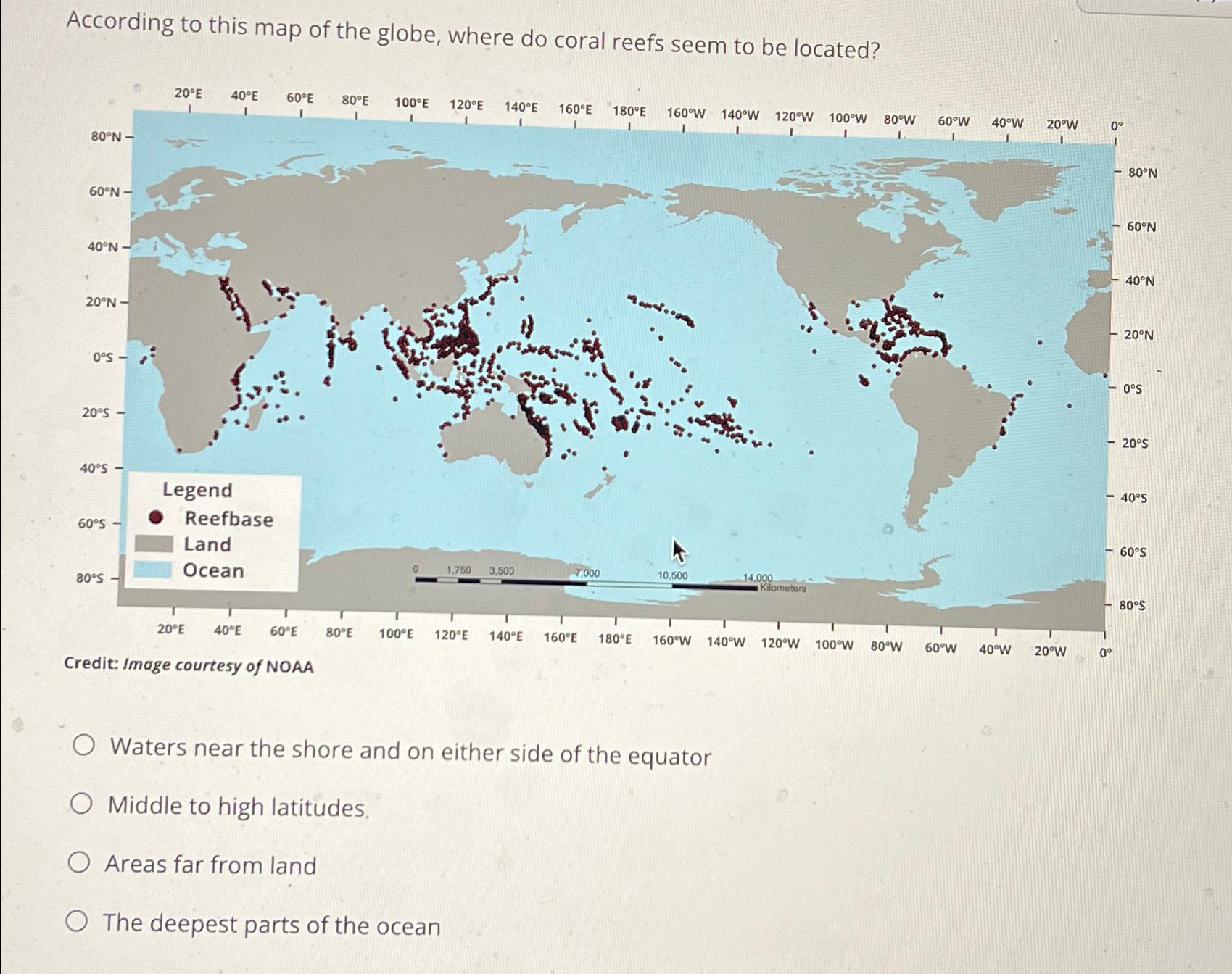 Solved According to this map of the globe, where do coral | Chegg.com
