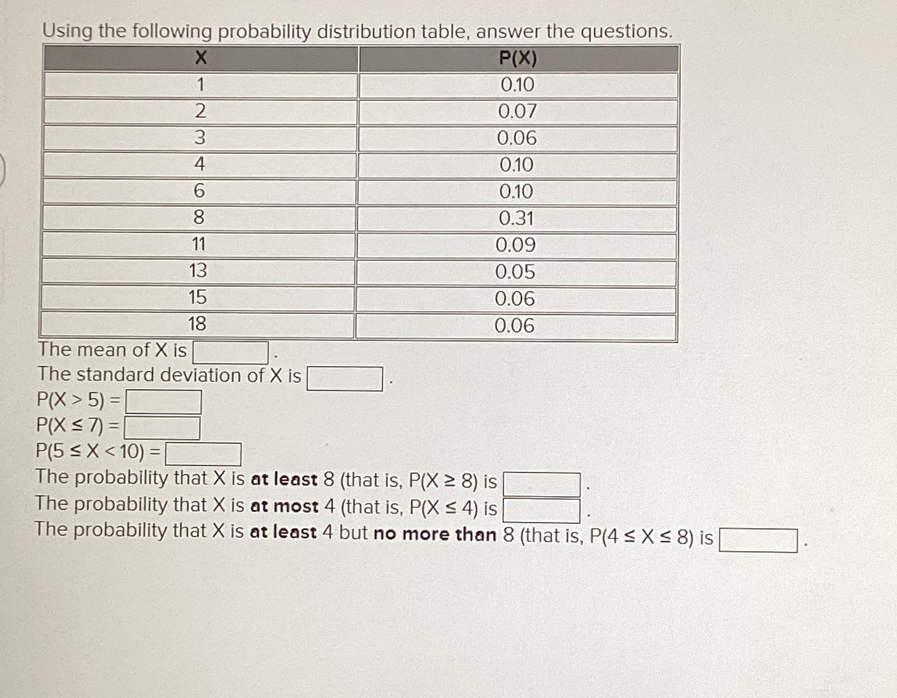 Using the following probability distribution table, | Chegg.com