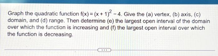 Solved Graph the quadratic function f(x)=(x+1)2−4. Give the | Chegg.com