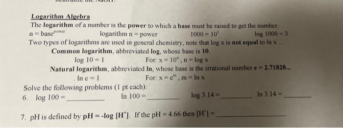 Solved n = base Power Logarithm Algebra The logarithm of a | Chegg.com