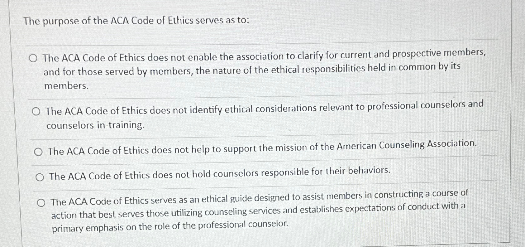 Solved The purpose of the ACA Code of Ethics serves as | Chegg.com
