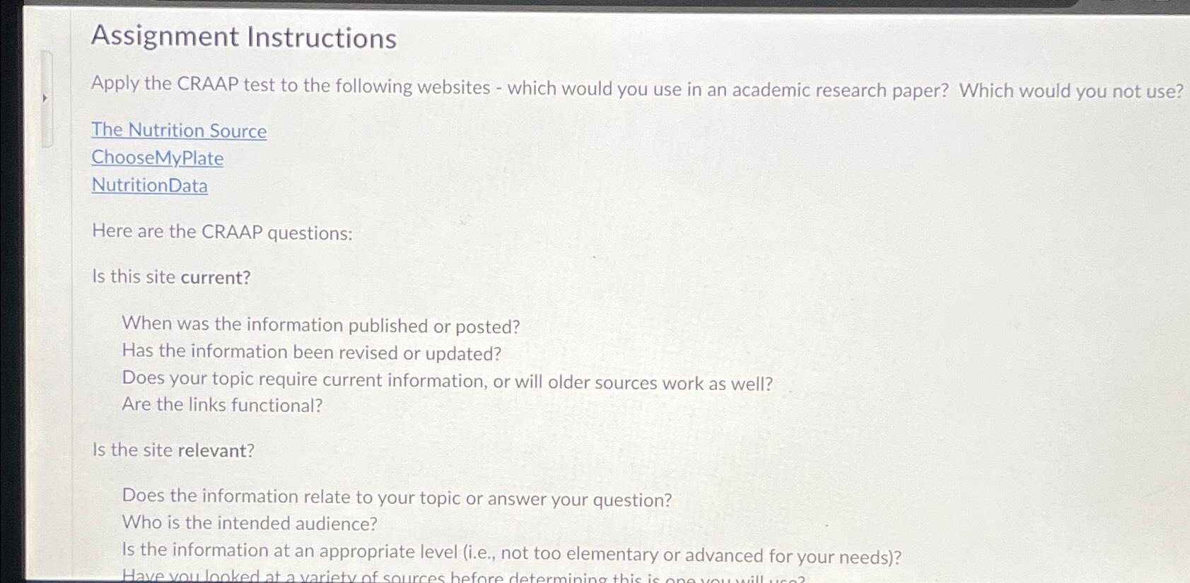 Assignment InstructionsApply the CRAAP test to the | Chegg.com