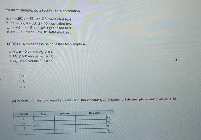 Solved For each sample, do a test for zero correlation | Chegg.com