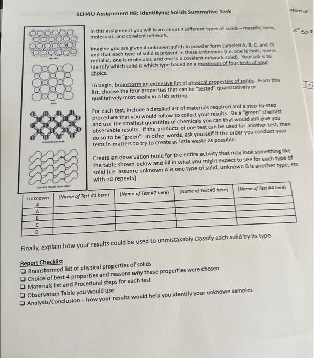 Solved SCH4U Assignment \#8: Identifying Solids Summative | Chegg.com