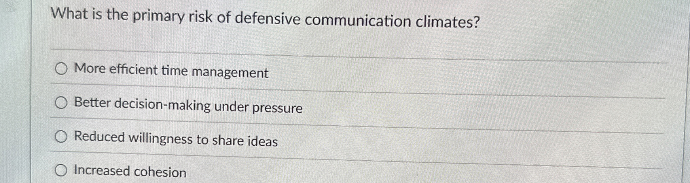 Solved What is the primary risk of defensive communication | Chegg.com