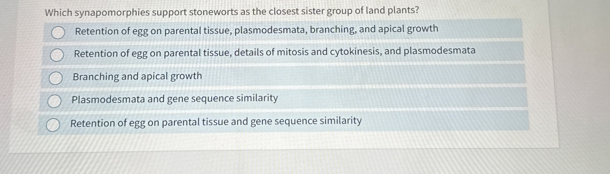 Solved Which synapomorphies support stoneworts as the | Chegg.com