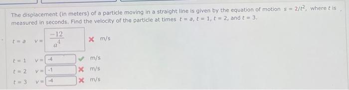 Solved 2/12, wheretis The displacement (in meters) of a | Chegg.com