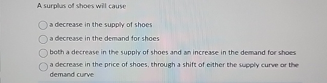 Solved A surplus of shoes will causea decrease in the supply | Chegg.com