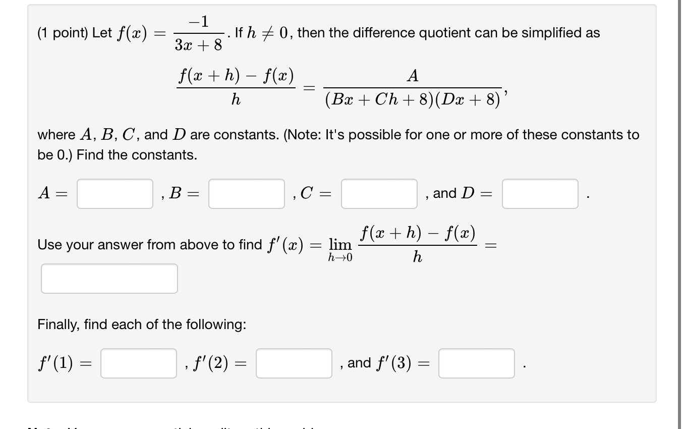 Solved (1 point) Let f(x)=-13x+8. If h≠0, then the | Chegg.com Solved (1 point) Let f(x)=-13x+8. If h≠0, then the | Chegg.com