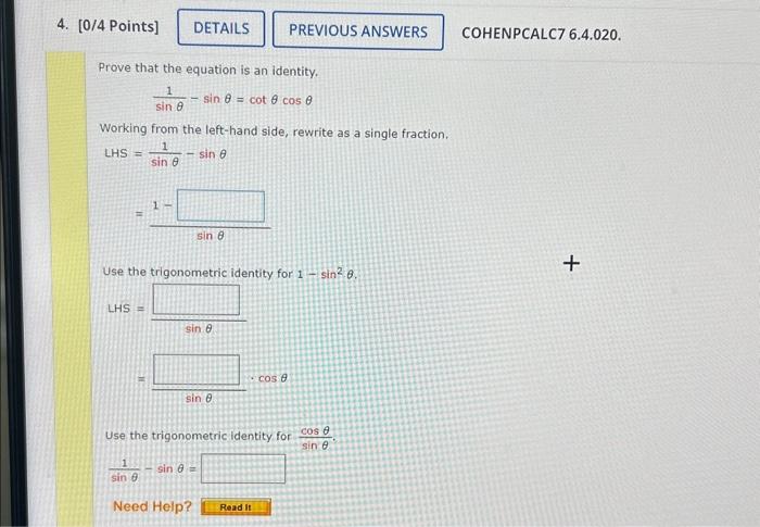 Solved Prove that the equation is an identity. cot2A+1=csc2A | Chegg.com