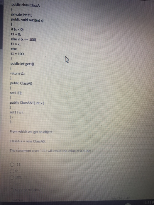 Solved public class ClassA private int t1; public void | Chegg.com