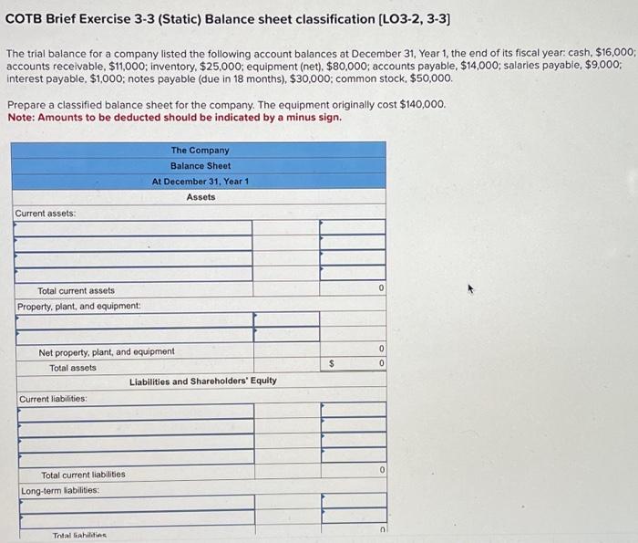 Solved COTB Brief Exercise 3-3 (Static) Balance sheet | Chegg.com