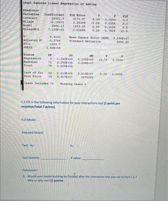 Solved Least Squares Linear Regression of Asking C.2. Fill | Chegg.com