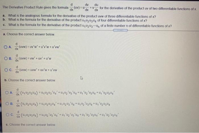Solved d dv du The Derivative Product Rule gives the formula | Chegg.com