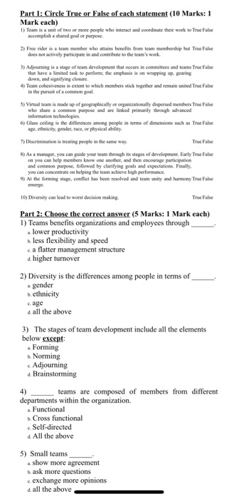 Solved Part 1: Circle True or False of each statement (10 | Chegg.com