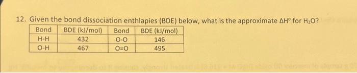 Solved 12. Given the bond dissociation enthlapies (BDE) | Chegg.com