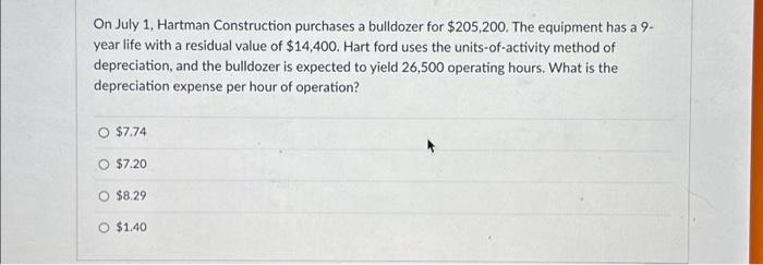 Solved On July 1, Hartman Construction purchases a bulldozer | Chegg.com