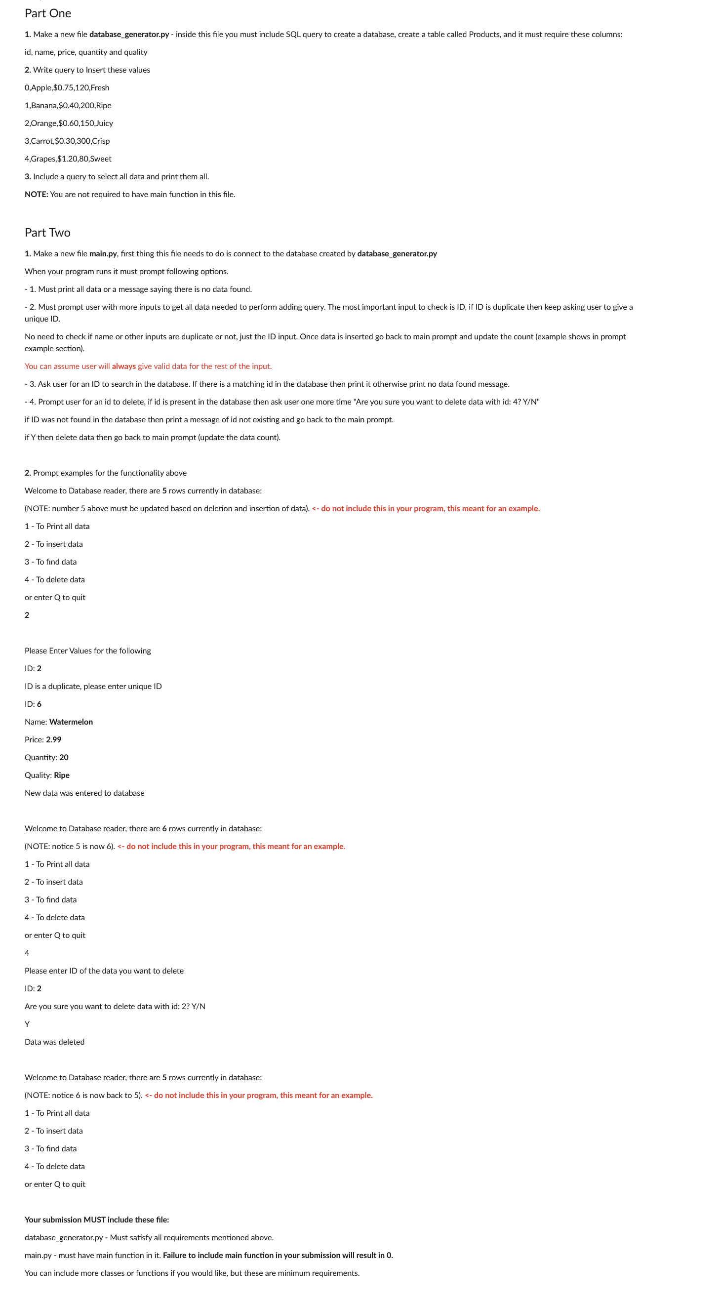 Solved Part OneMake a new file database_generator.py - | Chegg.com