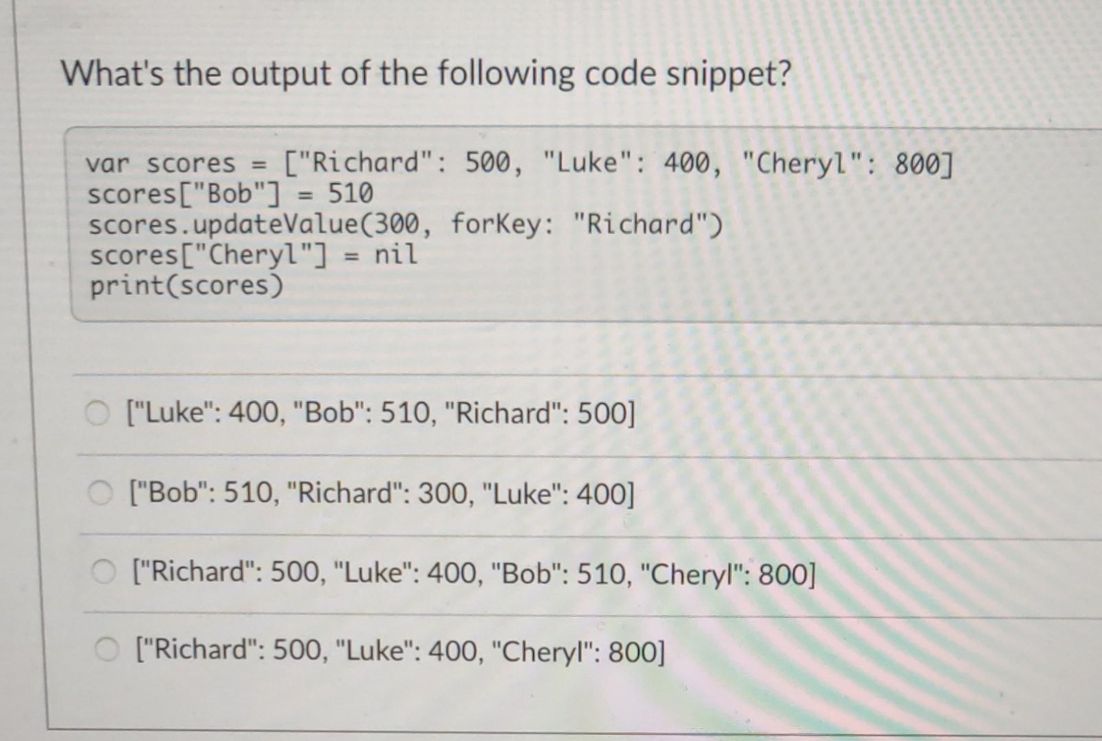 Solved What's the output of the following code snippet? var | Chegg.com