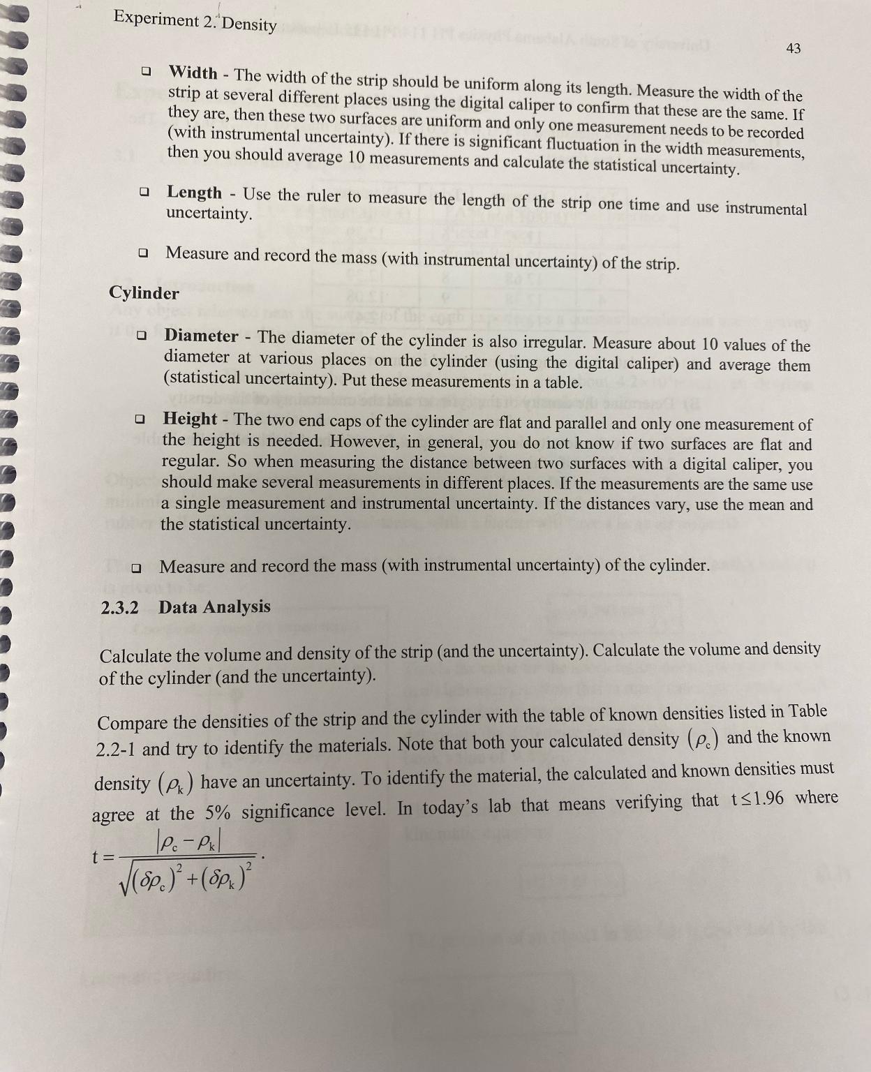 Experiment 2.'Density\\n43\\na Width - The width of | Chegg.com