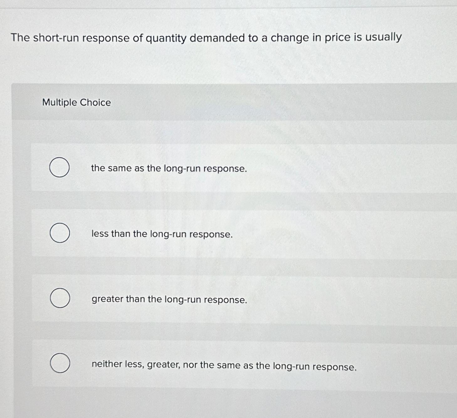 Solved The short-run response of quantity demanded to a | Chegg.com