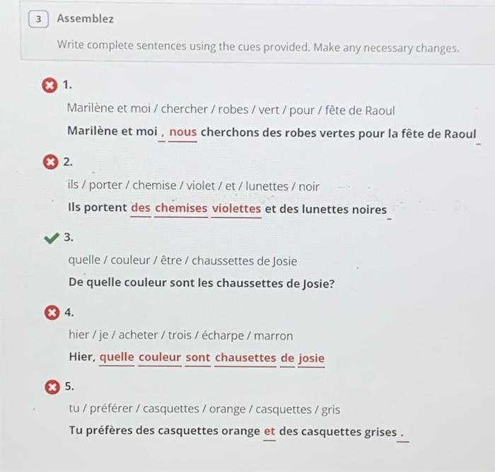 Assemblez Write complete sentences using the cues | Chegg.com