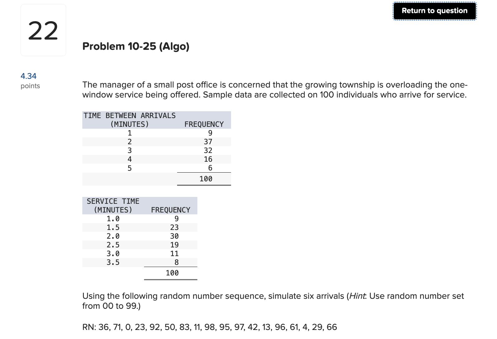 Solved Problem 10-25 (Algo)The manager of a small post | Chegg.com