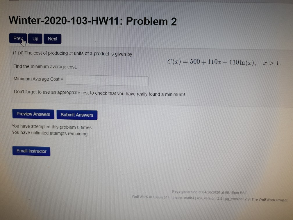 Solved Winter-2020-103-HW11: Problem 2 Previ Up Next (1 pt) | Chegg.com