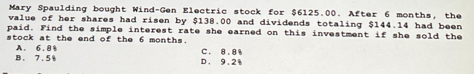 Solved Mary Spaulding bought wind-Gen Electric stock for | Chegg.com