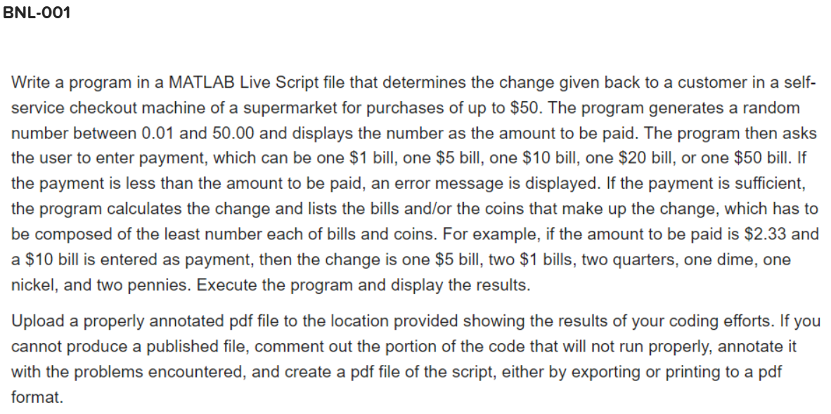 BNL-001Write a program in a MATLAB Live Script file | Chegg.com