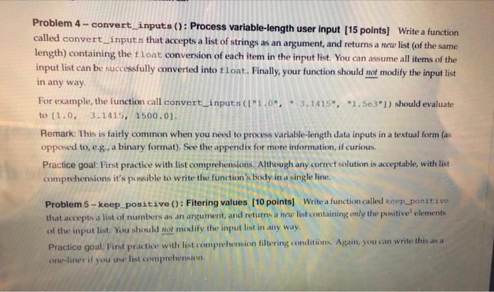 Solved Problem 4 - convert_inputs(): Process variable-length | Chegg.com