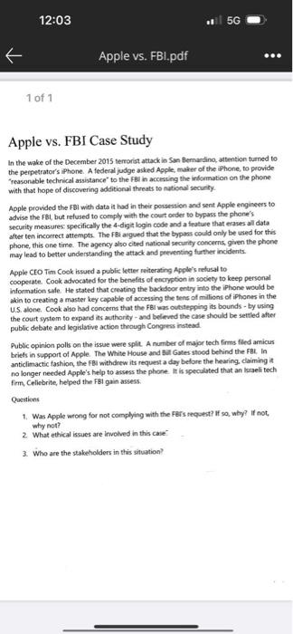 Solved Apple vs. FBI Case Study In the wake of the December | Chegg.com