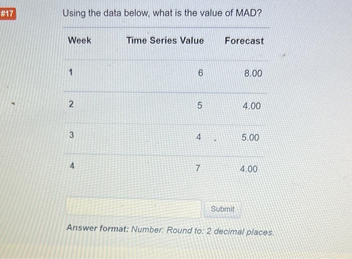 Solved using the data below what is the value of MAD ? | Chegg.com