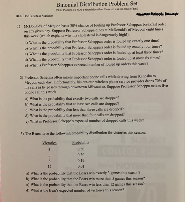 Solved Binomial Distribution Problem Set (Note: Problem 3 is | Chegg.com